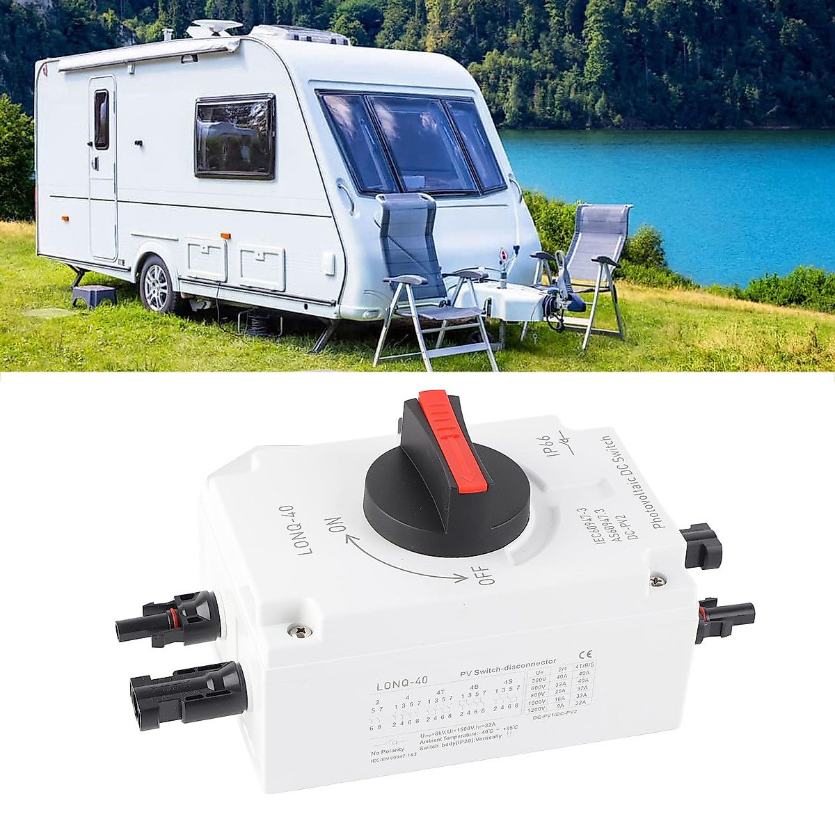 Photovoltaic DC Isolator Solar Switch IEC60947 3 Waterproof IP66 Insulated Switch for Solar Powered RV Boats Solar Power Systems 1200V DC 32A 4P (Fuse Proctive)