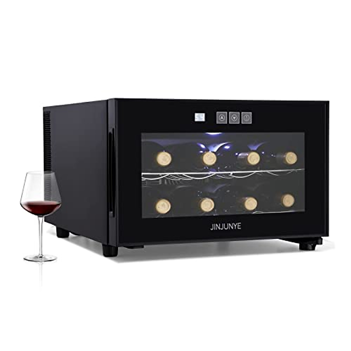 JINJUNYE Wine Cooler Refrigerator, 8 Bottle Wine Fridge Small, Countertop Wine Cooler with Digital Temperature Control, Mini Freestanding Wine Cellars Glass Door, Gift for Men Father