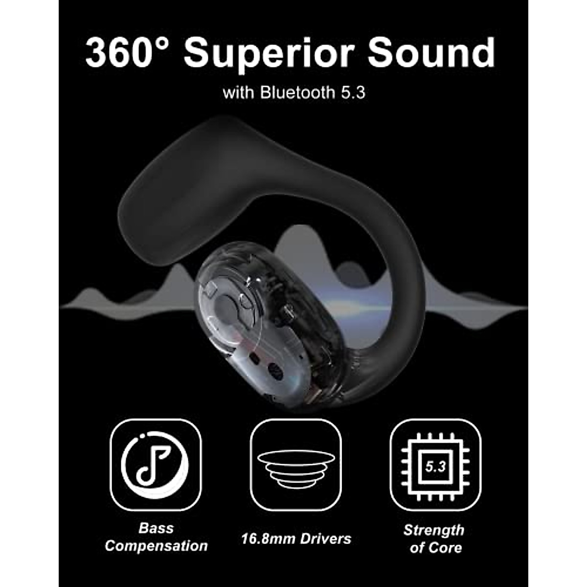 Open Ear Headphones Bluetooth 5.3 Wireless Earbuds with 800mAh Charging Case, Superior Stereo Sound Ear Buds with HD Mic for iPhone & Android, IPX6 Waterproof Open Wearable Stereo Earphones Sports
