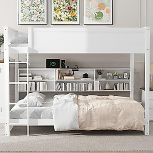 XD Designs Wood Bunk Bed Queen Over Queen Size with Built-in Storage Cabinets and USB Ports, Versatile Bunk Bed Frame with Ladder and Guardrail for Kids Teens Adult, Maximize Space (White-9.30)