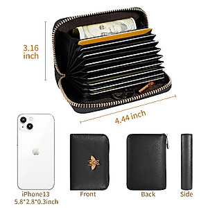 Credit Card Holder Wallet Case Womens Teen Girls Ladies Female Bee Genuine Cowhide Leather Small Black Rfid Blocking Wallets With Detachable Beaded Chain Zipper Around