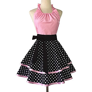 Hyzrz Cute Retro Apron Vintage Maid Polka Dot Kitchen Cooking Aprons for Women Ladies Girls (Pink)
