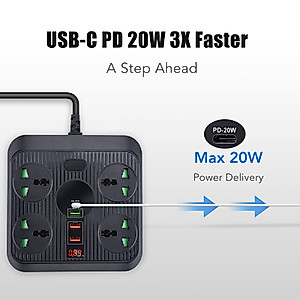Universal Power Strip with USB C, XYZCREAT 3000w Surge Protector with 4 Outlets 3 USB Ports 20W PD Port, Portable Power Strip 110v-250v 6.6ft Extension Cord for Home Office and Travel Black
