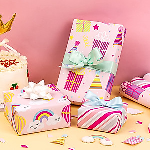WRAPAHOLIC Birthday Wrapping Paper Roll - Mini Roll - 3 Rolls - 17 Inch X 120 Inch Per Roll - Pink Rainbow, Birthday Gift Boxes, Stripes for Kid's Birthday, Baby Shower