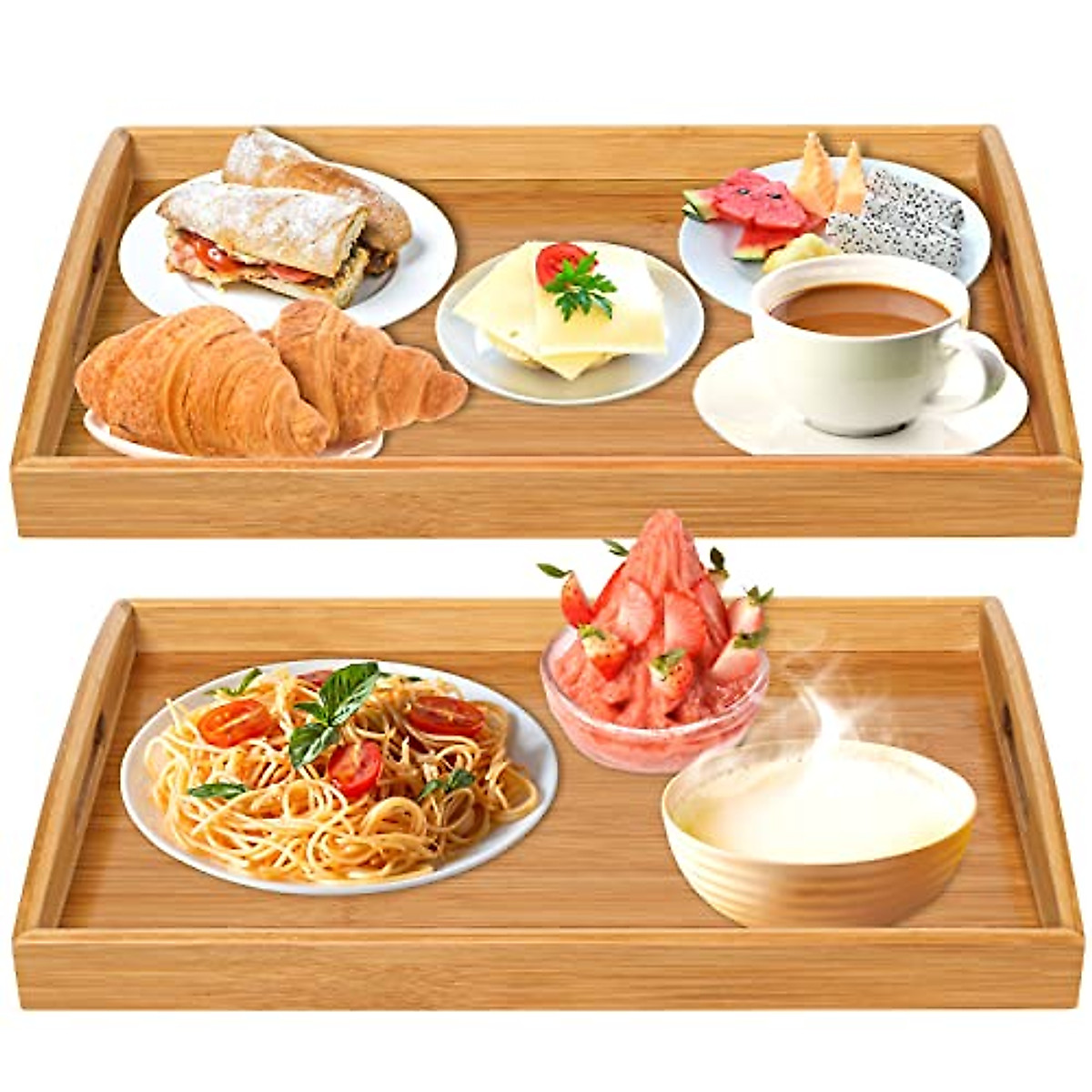 2 Pack Bamboo Serving Tray with Handles, Portable Bed Tray for Breakfast Dinner, Eating Trays for Living Room,Restaurants