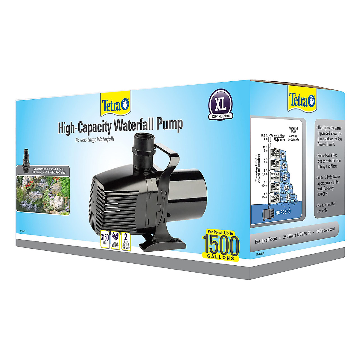 Tetra 14941 Pond Waterfall Pump for Ponds, Debris 3600 Gph Handling Pump High Capacity,Ponds Up to 1500 Gallons
