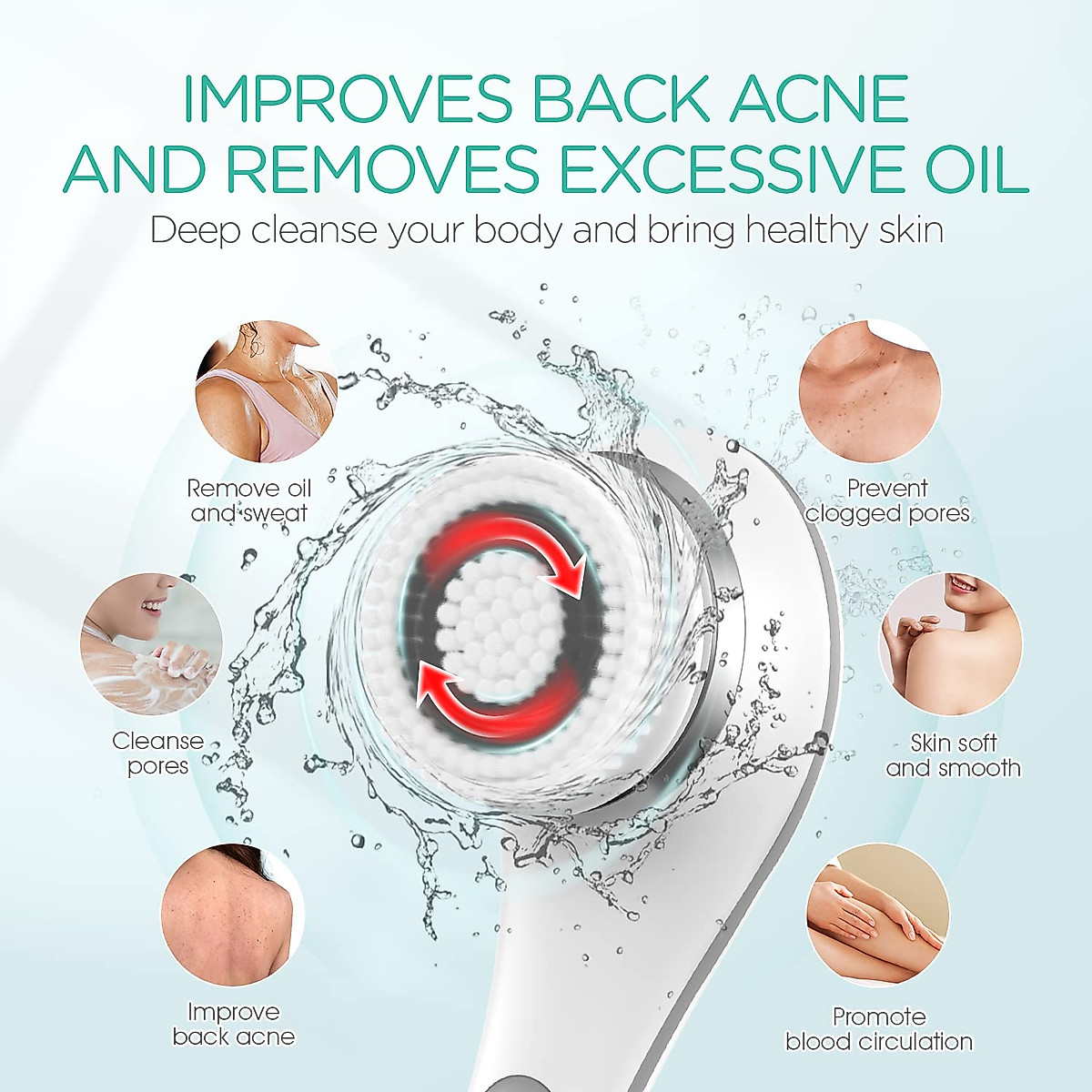 VOYOR Electric Body Brush Back Scrubber for Shower Rechargeable Exfoliating Bath Brush Powered Shower Brush with Non-Slip Long Handle Deep Cleansing, Exfoliation, Massaging Spin Brush BC100 (Gery)