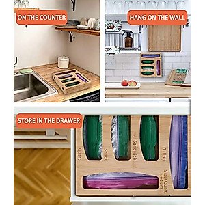 Bamboo Ziploc Bag Organizer - 5 Slots Wall Mount Zip Lock Baggie Storage Organizer for Drawer Kitchen - Compatible With Ziploc | Solimo | Glad | Hefty For Gallon | Quart | Sandwich | Snack Size Bags