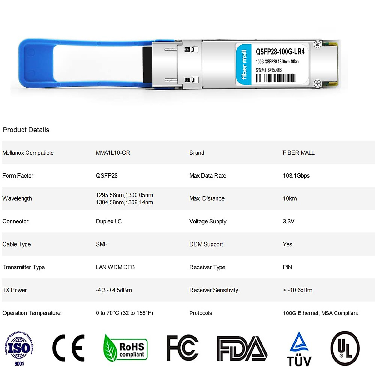 100G QSFP28 LR4 for Mellanox MMA1L10-CR, 100GBASE-LR4 QSFP28 Optical Transceiver Module,1310nm 10km LAN WDM LC SMF DOM