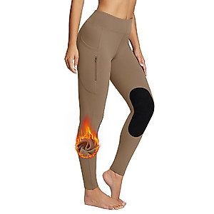 BALEAF Women's Winter Riding Pants Horse Breeches Knee-Patch Fleece Horseback Equestrian Tights Pockets Leggings Brown M
