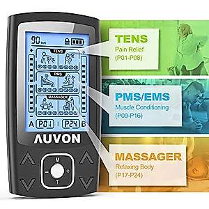 AUVON Dual Channel TENS EMS Unit 24 Modes Muscle Stimulator for Pain Relief, Rechargeable TENS Machine Massager with 12 Pads, ABS Pads Holder, USB Cable and Dust-Proof Storage Bag