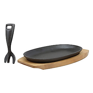 Ebros Personal Sized 9.5"Lx5.5"W Cast Iron Sizzling Fajita Skillet Japanese Steak Plate With Handle and Wooden Base For Restaurant Home Kitchen Cooking Accessory For Pan Grilling Meats Seafood