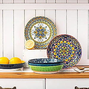 HENXFEN LEAD Pasta Salad Bowls Set of 6, Wide and Shallow Serving Dishes 27 Oz - 8 Inch Porcelain Soup Plates for Dinner, Kitchen and Eating - Bohemian style