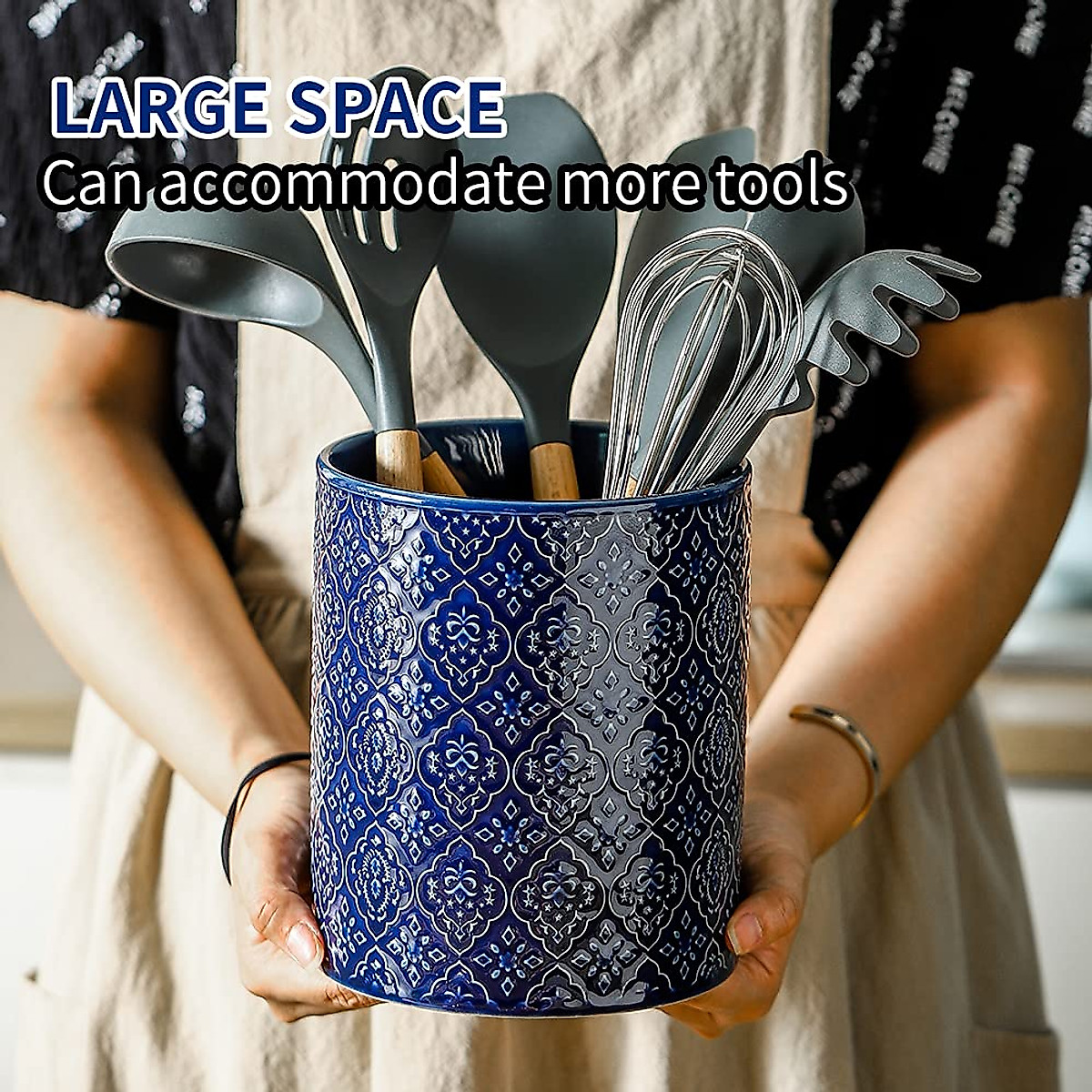 KOOV Kitchen Utensil Holder, Large Utensil Holders for Countertop, 6 x 7 Inches Ceramic Utensil Crock, Deep and Stable, Cooking Utensil Holder, Embossed Pattern (BLue)