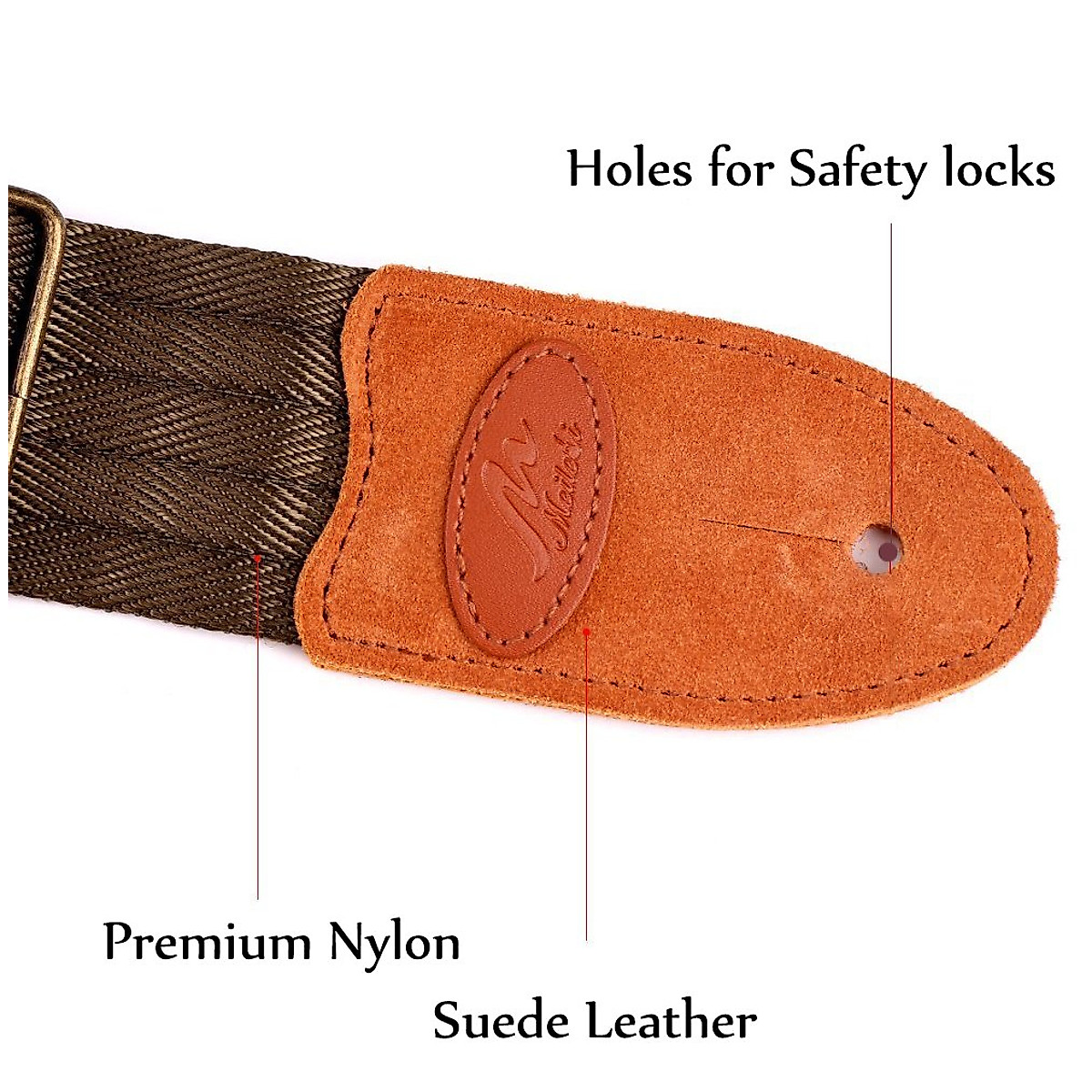 Guitar Strap for Acoustic, Electric Guitars with Suede Leather Ends, Includes 2 Safety Locks, 1 Leather Guitar Strap Button