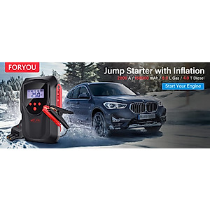 FORYOU Car Jump Starter with Air Compressor, 2000A 12-Volt Jumper Cables Jump Starter Box Car Battery Booster Pack (Up to 6-Liter Gasoline and 3-Liter Diesel Engines) Digital Screen(Black Red)