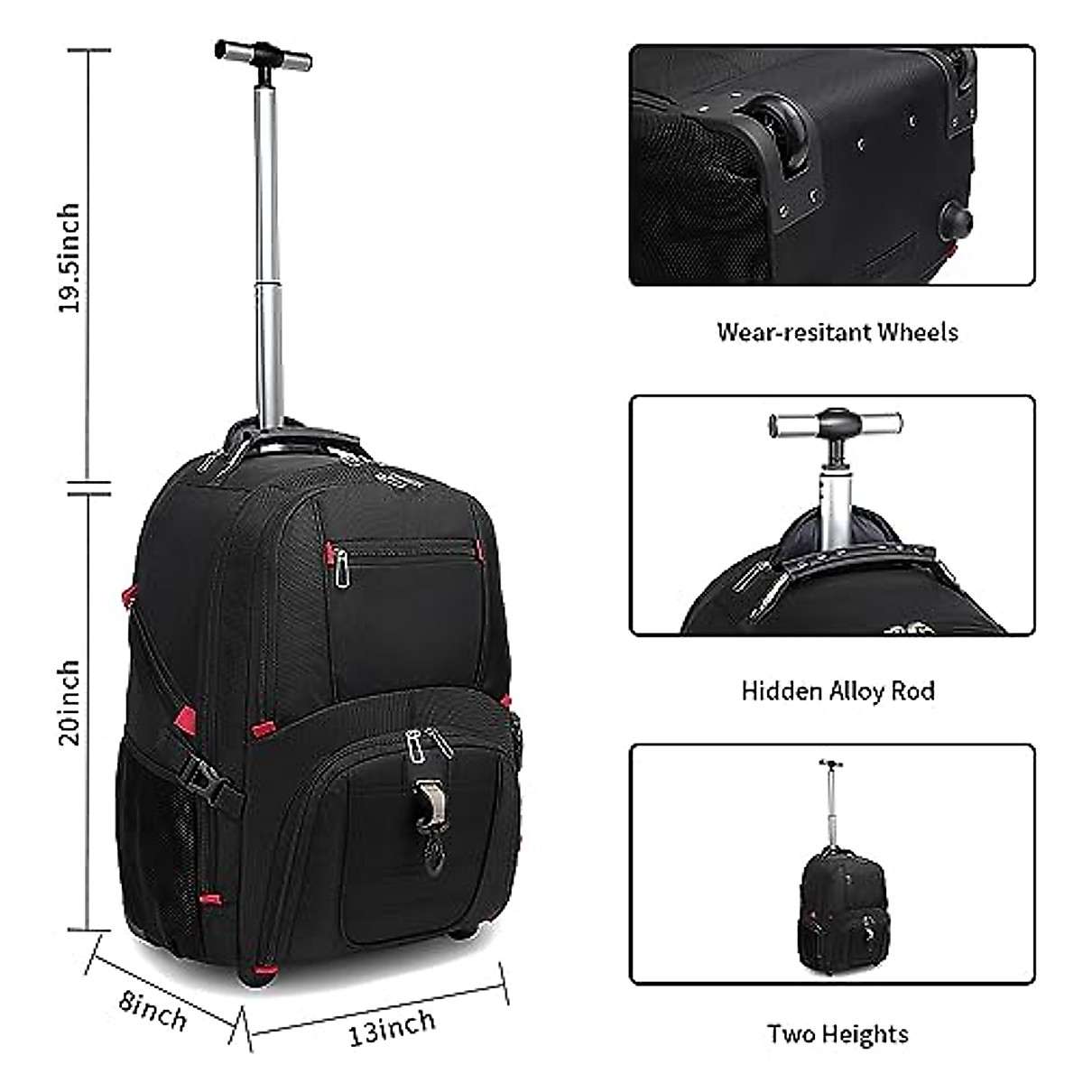 seyfocnia Rolling Backpack,Laptop Backpack with Wheels Roller Backpack Wheeled Carry on Backpack Flight Approved Business Backpack Fits 17.3 inch Travel Backpack with Wheels for Men Women-Black