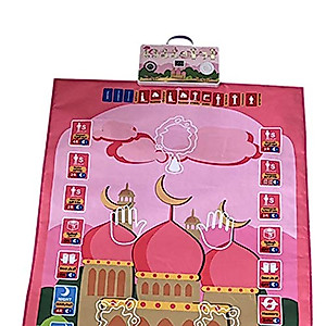 dailymall Smart Intelligent Muslim Prayer Rug, Electronic Islamic Prayer Carpet Mat, Teaching Talking Music Mat with Worship Step Guide for Kids Toddlers - Pink, 110x70cm