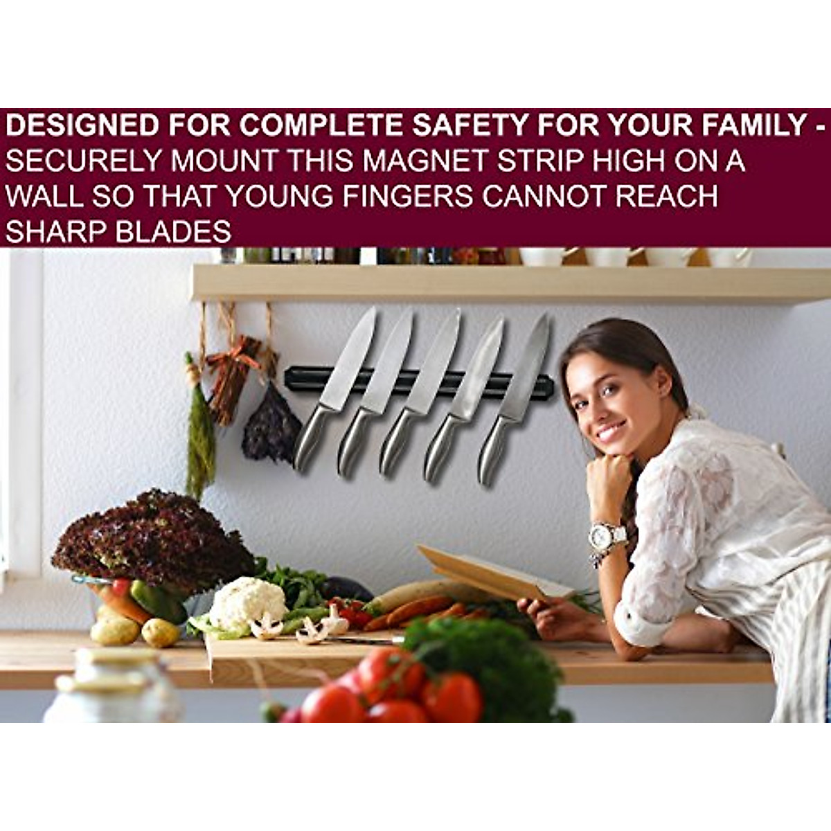 SUMPRI Magnetic Knife Holder (15 Inch X Set Of 4) Magnetic Knife Strip -Strong Powerful Knife Rack Storage Display Organizer-Securely Hang Your Knives On a Multipurpose Kitchen Bar-Safe, Easy Install