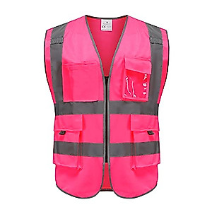 VICRR High Visibility Safety Vest with Reflective Strips, 9 Pockets Zipper Front, Construction Work Vest (Pink, s)