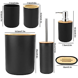 Tyenaza 6pcs Bathroom Accessories Set, Bamboo Bath Set Toothbrush Holder Toothbrush Cup Soap Dispenser Soap Dish Toilet Brush Holder Trash Can Straw(Black)
