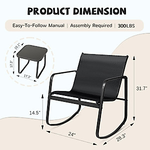 Patiomore 3 Pieces Outdoor Rocking Chairs, Patio Bistro Furniture Black Wicker Chair Set with Tempered Glass Table and Thick Dark Blue Cushion