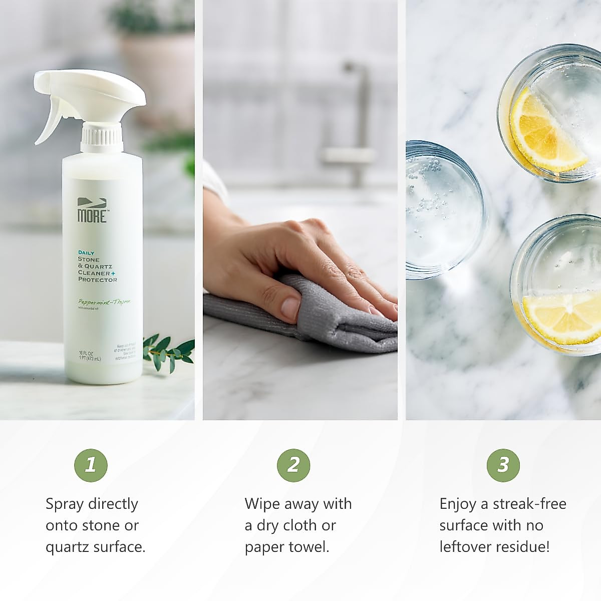 MORE Stone & Quartz Cleaner + Protector - Water-Based Surface Spray - Granite, Quartz & Marble Cleaner - For Kitchen & Bathroom Countertops & Floors - Peppermint-Thyme Essential Oil - Pint (16oz)