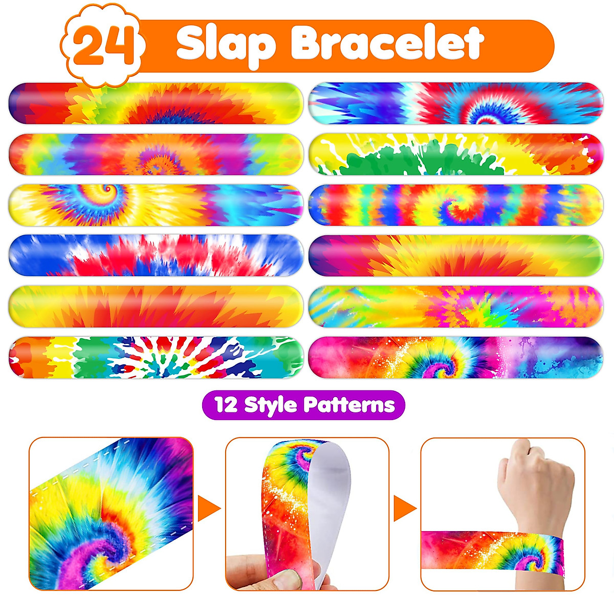 48PCS Tie Dye Party Favors 24PCS Tattoos 24PCS Slap Bracelets Wristbands Themed Birthdays Party Supplies Decorations Decor Tie Dye Baby Shower Pattern Girls Boys Gifts Classroom Prize Reward