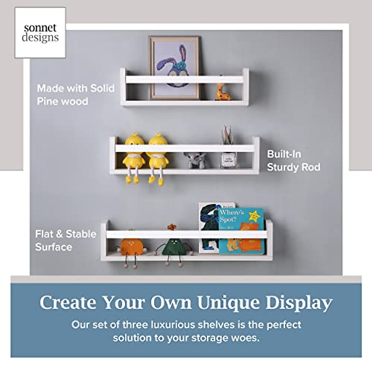 Sonnet Designs Floating Shelves - Set of 3 Wall Mounted Shelves for Nursery Decor, Living Room, Office, Bathroom & Kitchen - Solid Pine Wood with Sturdy Rod - All White Floating Shelf Set