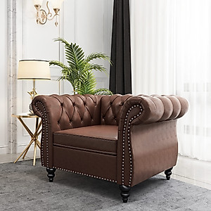 3 Piece Living Room Set, Chesterfield Leather Sofa Loveseat Couch Chair with Scroll Arms and Nailhead for Living Room, Office (Dark Brown)