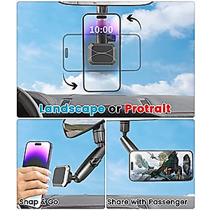 APPS2Car Magnetic Phone Car Mount Transmission Shaft Rearview Mirror Phone Holder for Car [Multi-Pivots 2023 Upgraded] Low Profile Long Arm Strong Magnets Adjustable Angles & Heights for All Phones