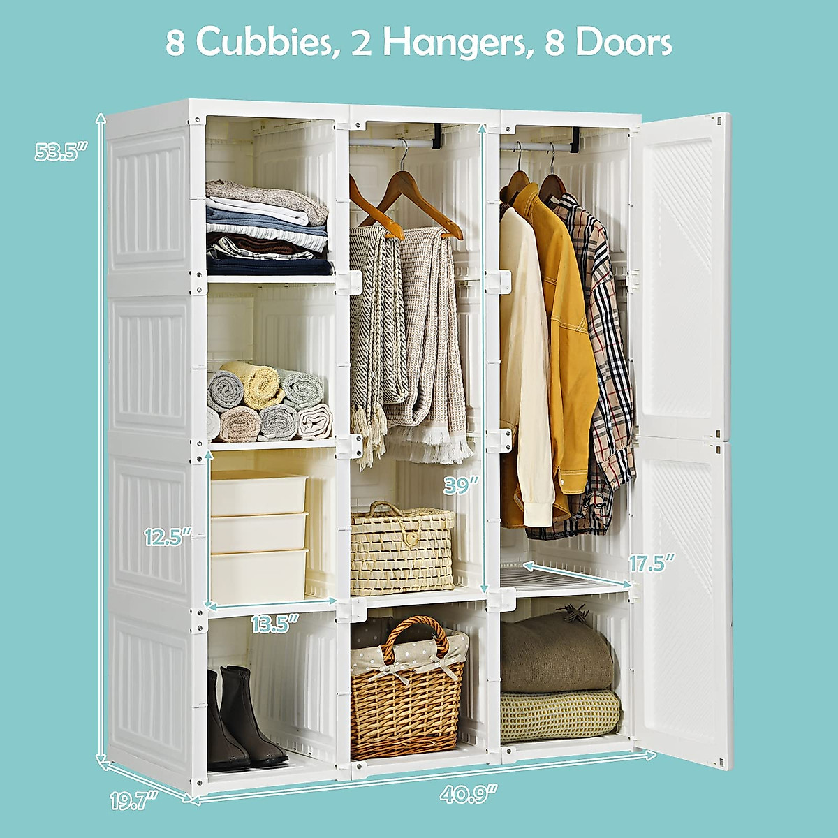 Tangkula Portable Closet Wardrobe, Foldable Clothes Organizer with Cubby Storage, Hanging Rods, Easy Assemble Clothing Storage with Magnet Doors, Folding Bedroom Armoire (8 Cubbies & 2 Rods)