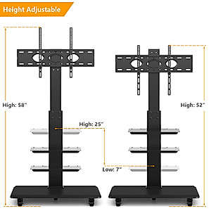 5Rcom Mobile TV Cart Portable TV Floor Stand Rolling with Wheels and Swivel Mount for 32 37 40 42 47 50 55 60 65 inch LED LCD Flat or Curved Screens TVs up to 110lbs Media Shelf Storage, Black
