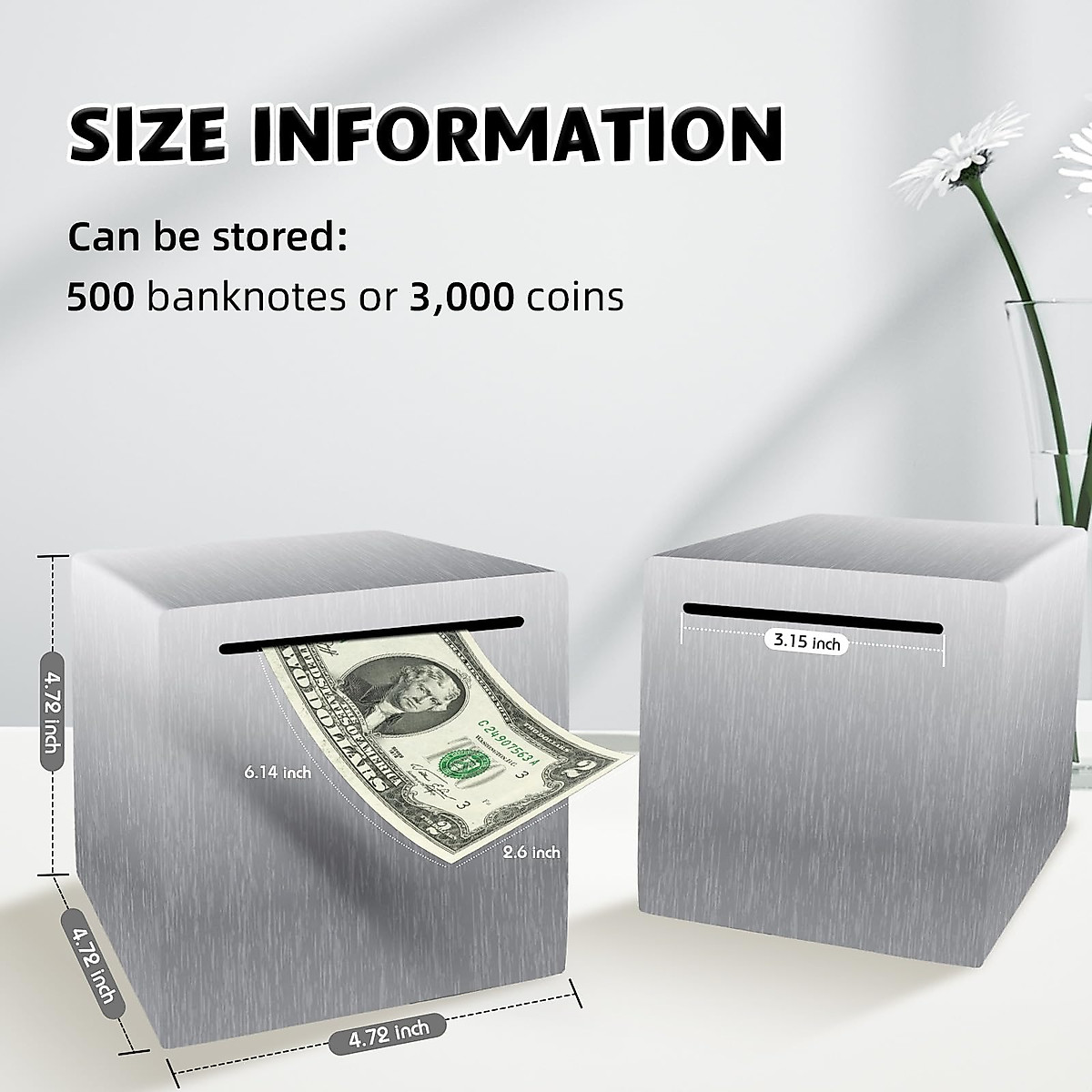 DMTINTA Steel Money Box for Real Money Piggy Bank for Adults Must Break to Open Unbreakable Metal Money Saving Box for Cash Saving Silver