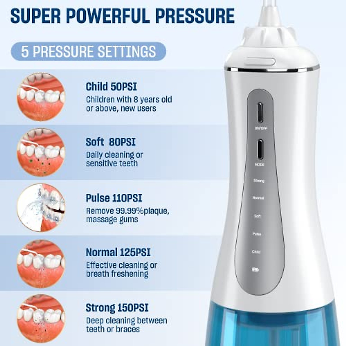 Cordless Water Dental Flosser for Teeth - Portable and Rechargeable 350ML Oral Irrigator with 5 Modes 6 Replaceable Tips - IPX7 Waterproof Powerful Battery Life Water Dental Picks for Travel Home Use