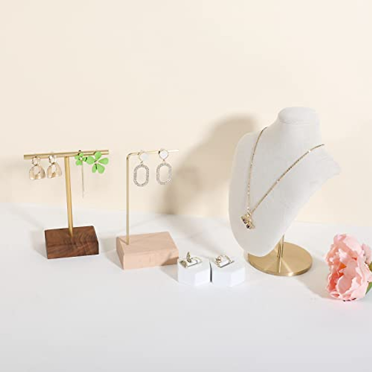 GemeShou brass earring display stands for selling, wooden ear ring holders for jewelry, single stud holder jewelry display【Brass earring stand Height-Beech】