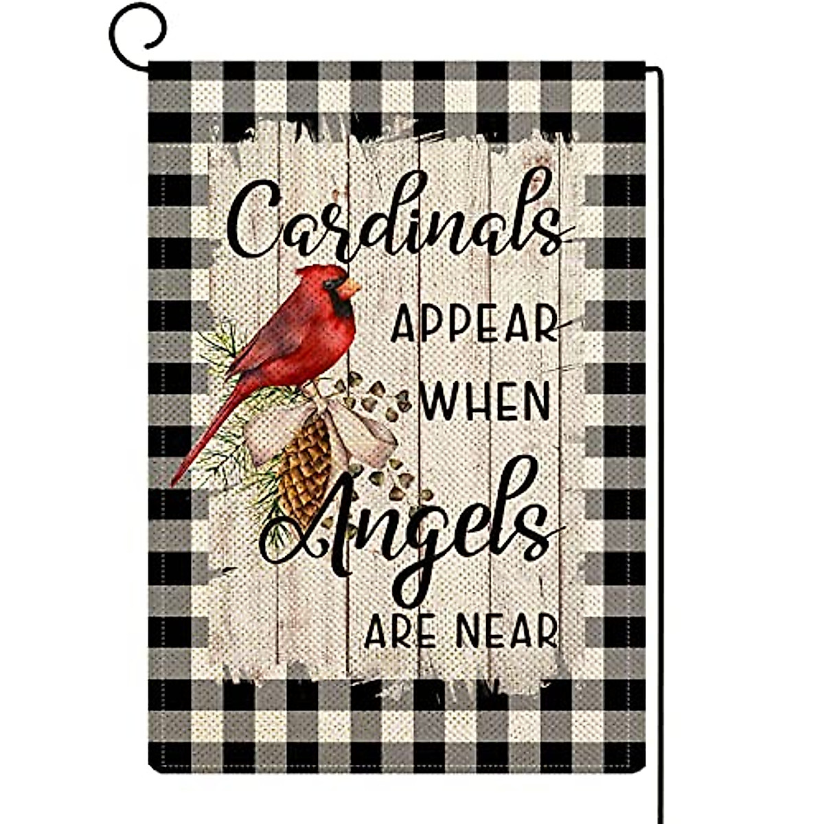 ORTIGIA Christmas Red Cardinals Appear When Angels are Near Garden Flag Vertical Double Sided 12x18inch Buffalo Check Plaid Pine Nuts Yard Flag Winter Holiday Xmas Outdoor Flag Lawn Home Decoration