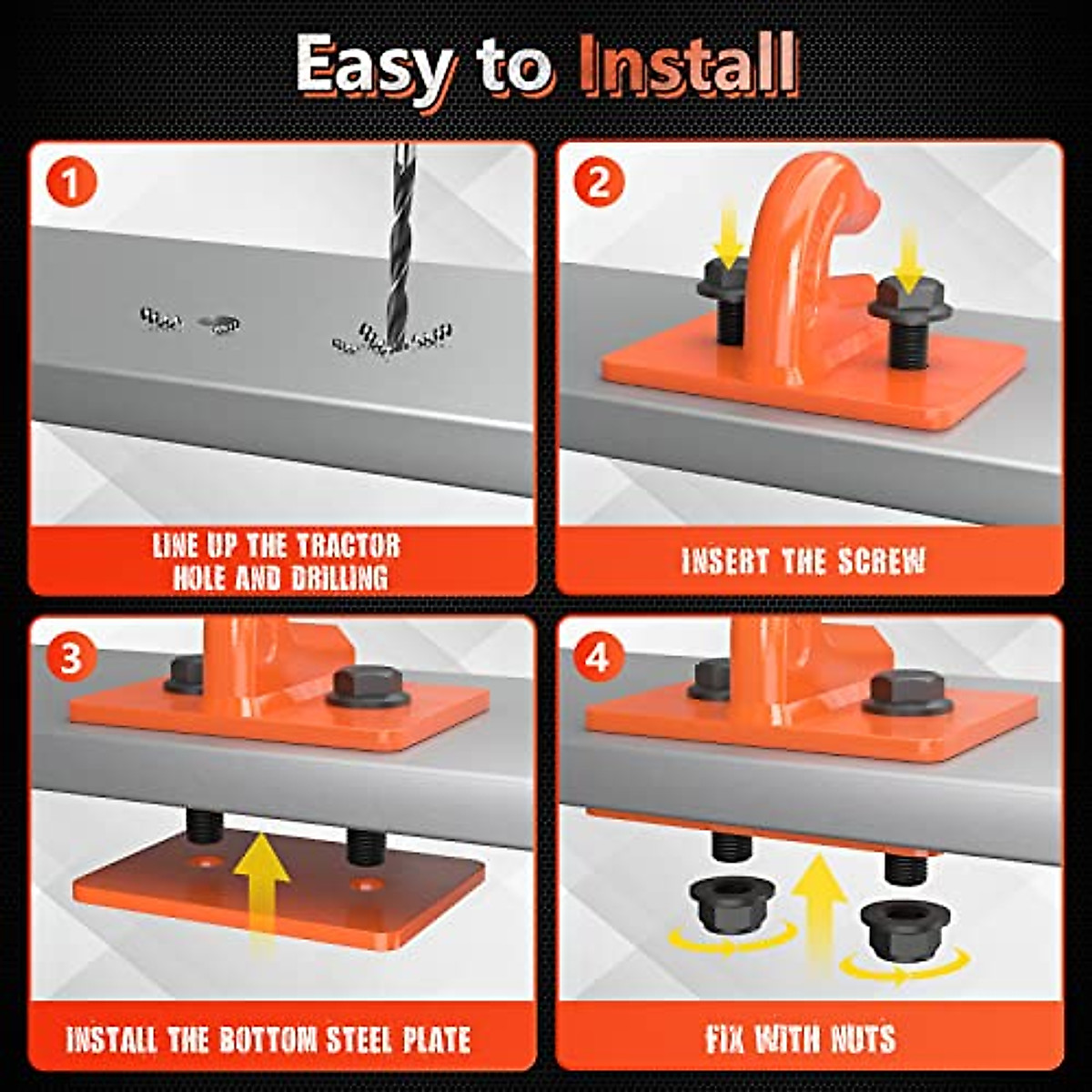 AMBULL 2 Pack 3/8" Tractor Bucket Grab Hook Grade 70 Forged Steel Bolt On Grab Hook Tow Hook Mount with Backer Plate,Work Well for Tractor Bucket, RV, UTV,Truck, Max 15,000 lbs, Orange