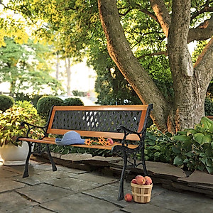 Patio Porch Garden Bench Cast Iron Outdoor Chair Love Seats Park Wooden Seat Bronze & Natural