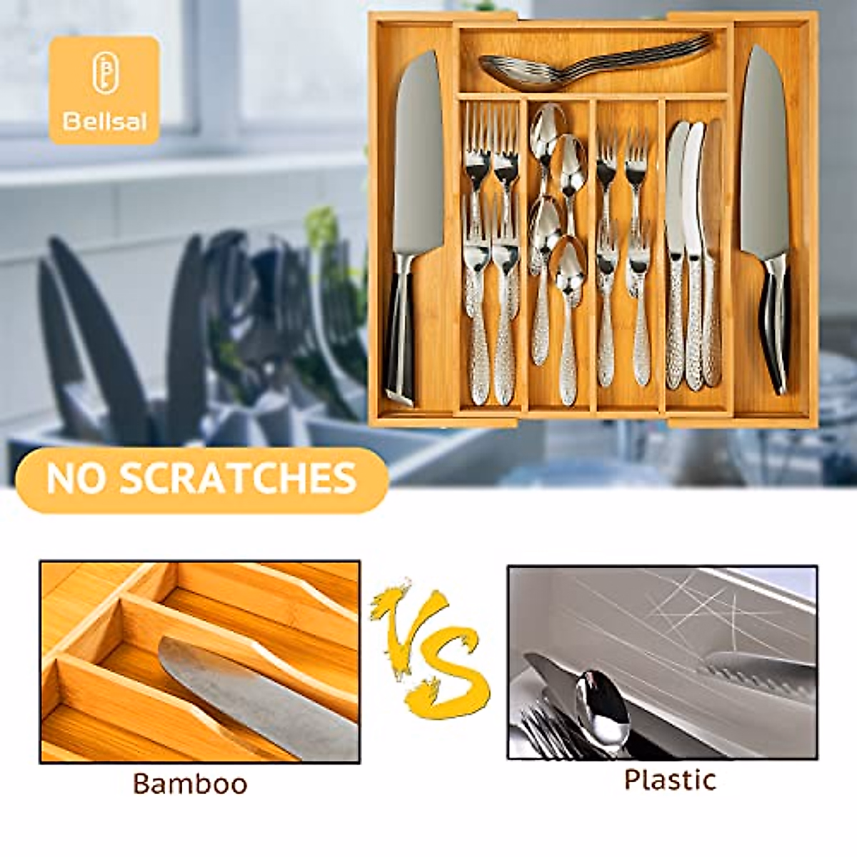Bellsal Silverware Organizer 2 PIECE with grooves Kitchen Drawer Organizer Expandable Bamboo Utensil Holder Cutlery Tray for Kitchen Utensil and Flatware