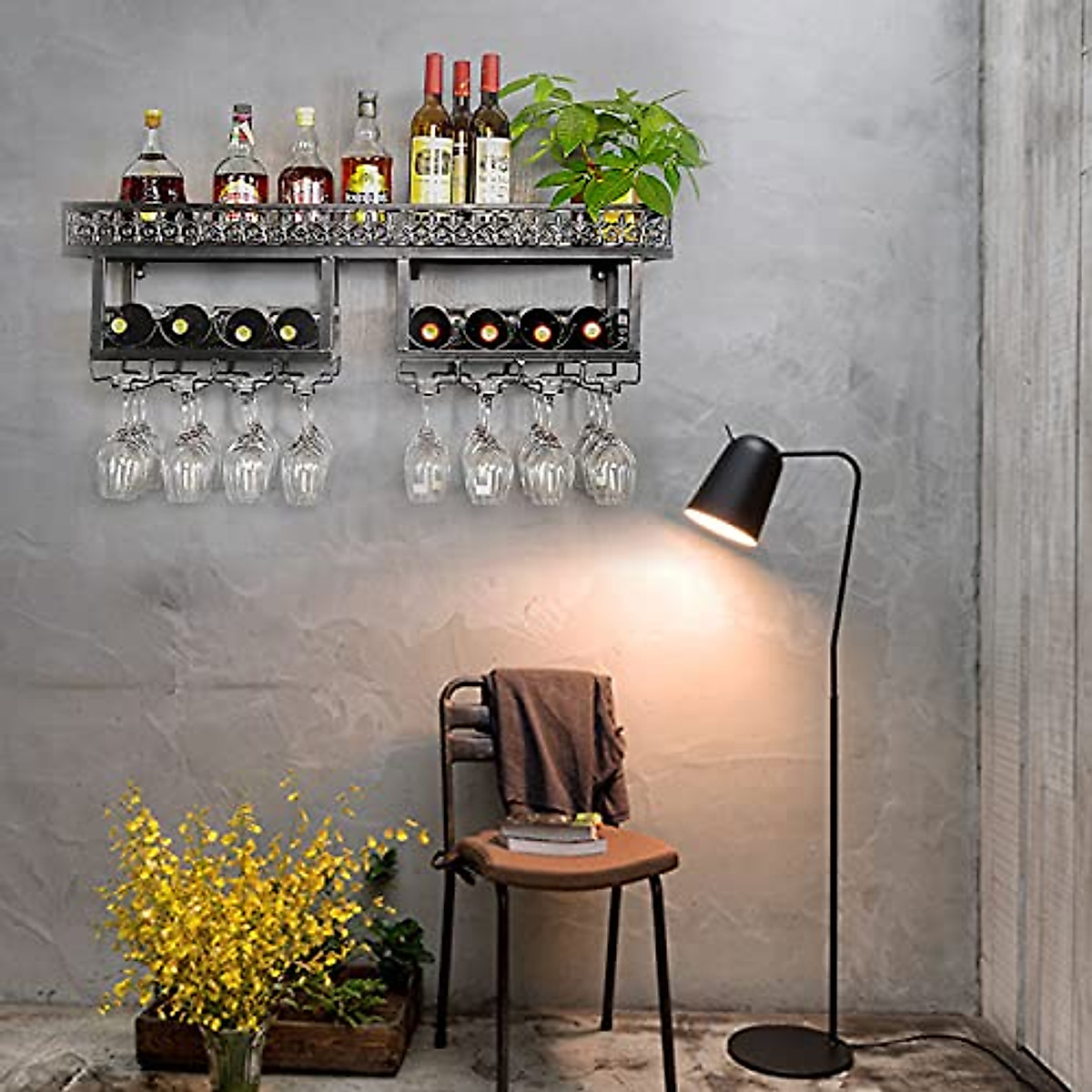Industrial Wine Rack Cabinet Upside Down Wine Glass Bar Glass Rack Hanging Wall Wine Rack Include Wall-Mounted Wine Rack Wall Shelf 16-24 Wine Glasses Cases (39.4" x 11.8" x 11.8" Double Layer)