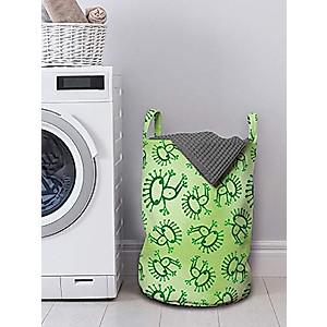 Ambesonne Green Laundry Bag, Doodle Style Drawing of Alien Frogs Fantasy Theme Watercolors Cartoon Like Pattern, Hamper Basket with Handles Drawstring Closure for Laundromats, 13" x 19", Green