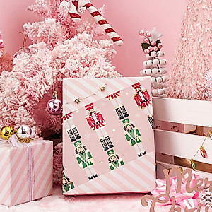 LeZakaa Reversible Christmas Wrapping Paper - Jumbo Roll - Pink Metallic Foil Gift Wrap Paper with Nutcracker & Stripe - 30 inches x 100 Feet (250 sq.ft.)