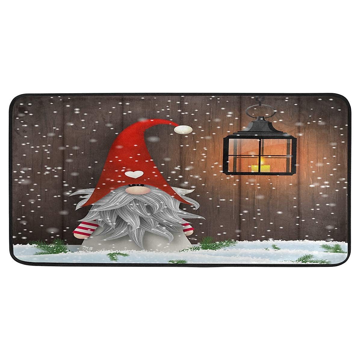 STAYTOP Christmas Kitchen Rugs, Winter Traditional Gnome Santa Claus Lantern Wood Pattern Area Rug Non Slip Floor Mat Doormat Anti Fatigue Comfort Standing Mat for Hallway Bedroom