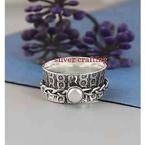 925 Sterling Silver Round Pearl Spinner Ring Handmade Silver Meditation Boho Worry Ring Valentine's Day Bridal Gift (9)