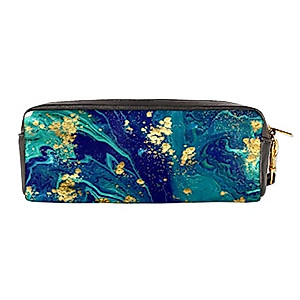 TropicalLife Turquoise Marbling Texture Golden Pencil Case, Portable Pu Leather Pencil Pen Case Pouch Bag with Zipper for Travel, School, Cosmetic Bag