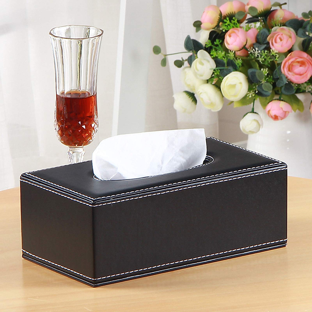 High-end Fashion PU Leather Tissue Box Holder Black with lid, Rectangular Napkin Facial Tissues Holder Dispenser,Home Office Car Tissue Box Cover Decorative Container with Magnetic Bottom (Black)