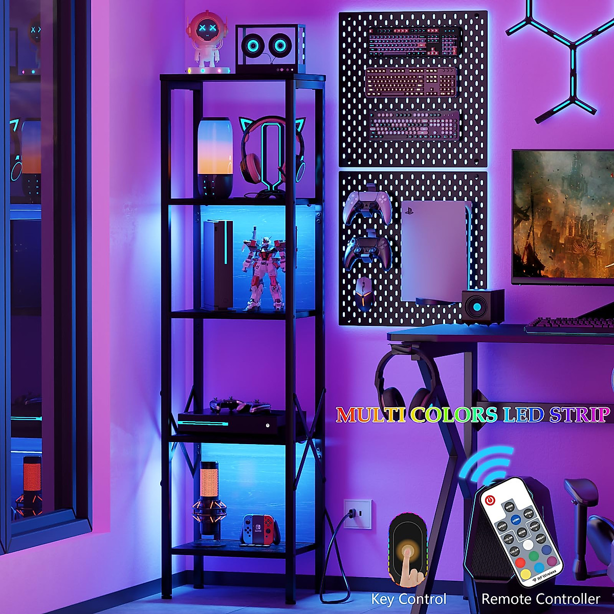 Furologee 5 Tier Book Shelf with LED Light, Tall Display Bookcase with Back, Narrow Industrial Standing Shelving Units, Metal and Wooden Storage Rack for Bedroom, Living Room, Office, Black Oak