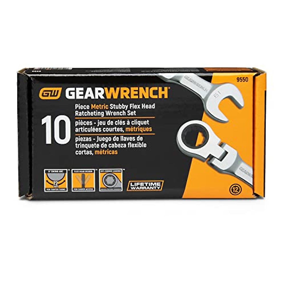 GEARWRENCH 10 Pc. 12 Pt. Stubby Flex Head Ratcheting Combination Wrench Set, Metric - 9550