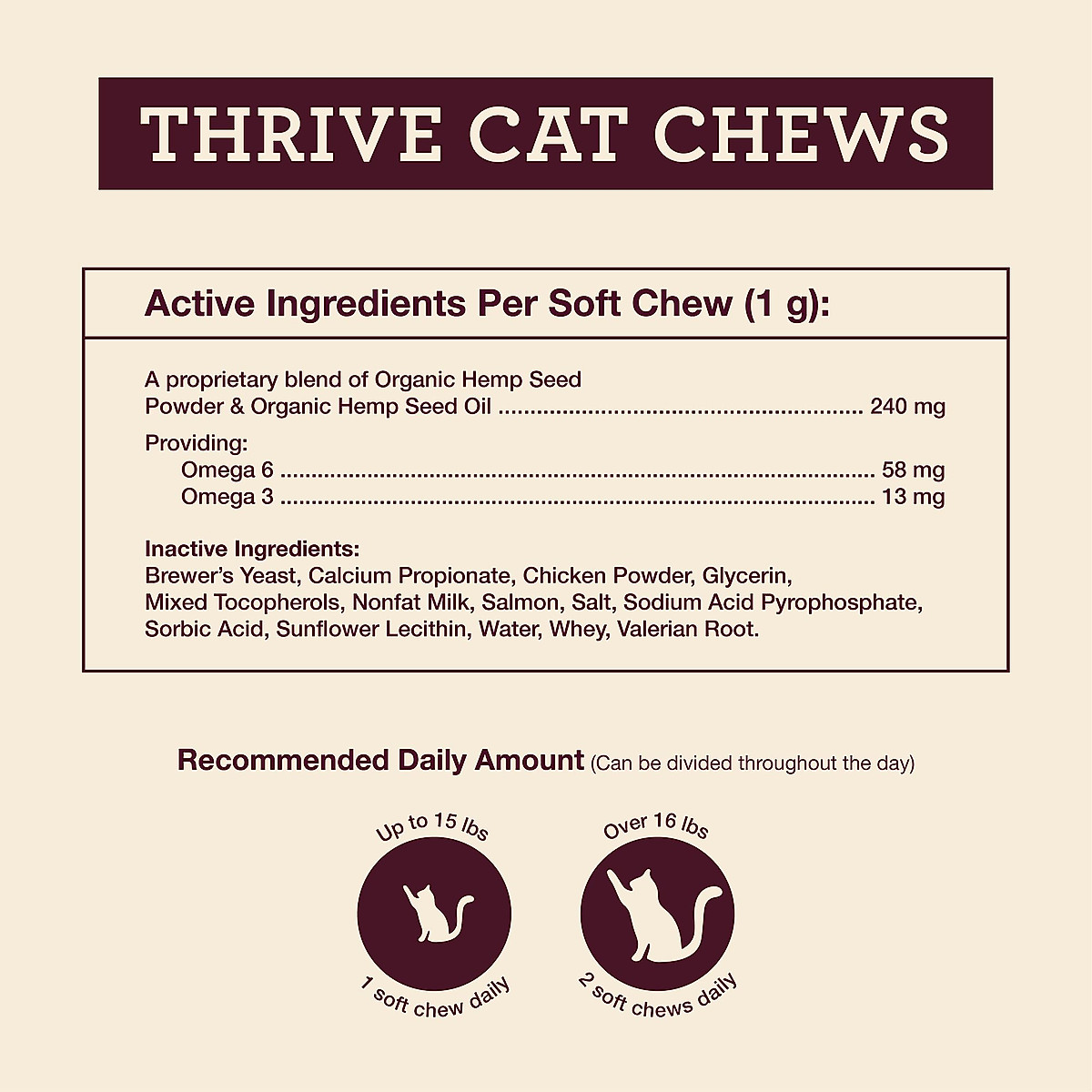 Hemp Well Thrive Cat Soft Chews - 60 Count, Everyday Supplement for Overall Health, Supports Hip, Joint, Heart Health, Organically Sourced, Omega 3 for Cats, Natural Cat Treats & Supplements